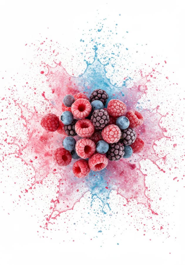 Frozen Berries Burst: Red Blue Pink Fruit Splash Stock Illustration ...
