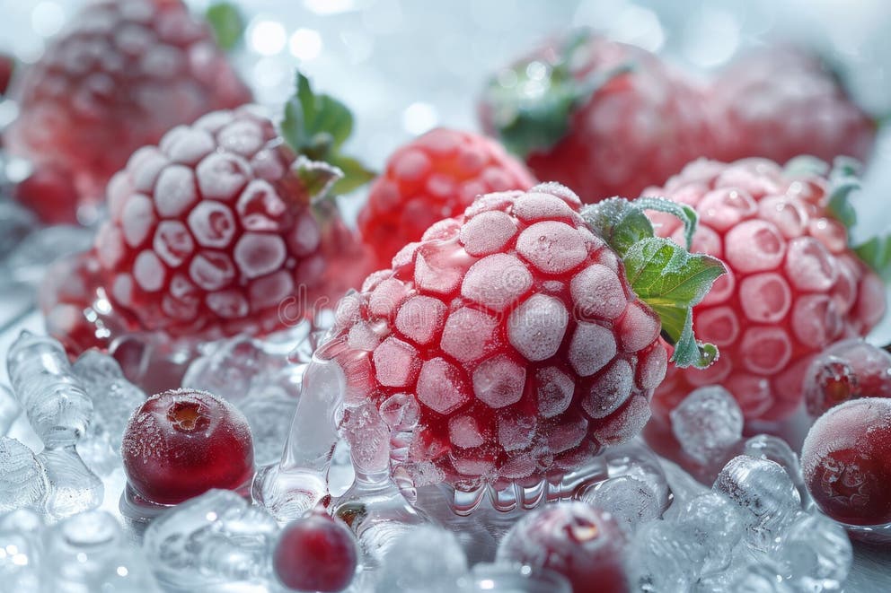 Frozen Berries and Ice Cubes on a Reflective Surface Stock Photo ...
