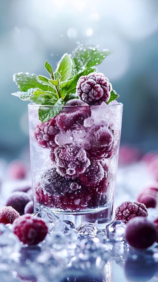 Frozen Berries with Ice and Mint in a Glass Stock Illustration ...