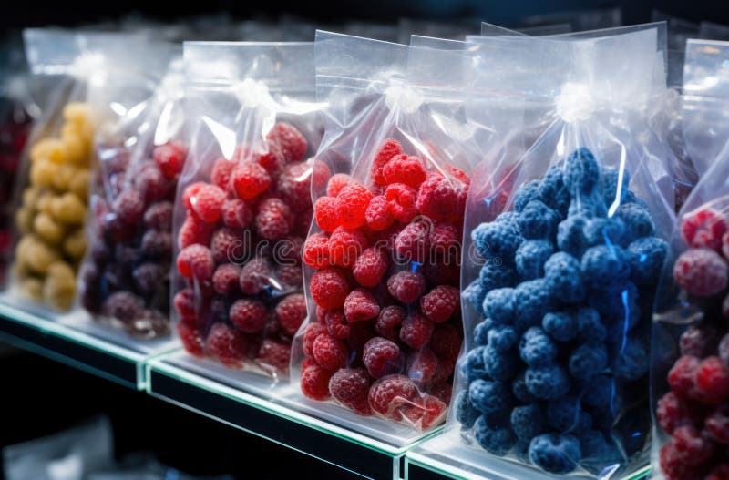 Frozen Berries in Plastic Bags in the Freezer. Open Deep Freeze Filled ...