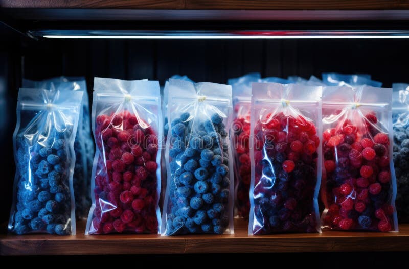 Frozen Berries in Plastic Bags in the Freezer. Open Deep Freeze Filled ...