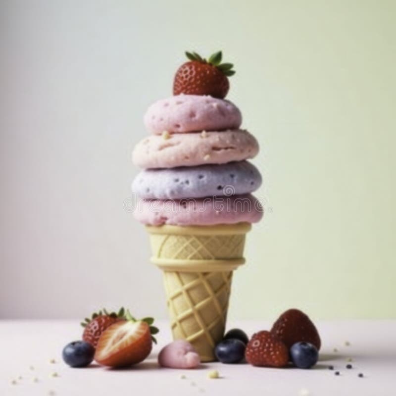 Frozen Berries and Sweet Treats Stacked on a Pastel Ice Cream Cone ...