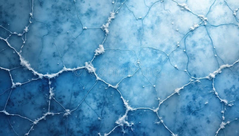 Frozen Blue Surface with Intricate Crack Patterns, White Frost. Icy ...