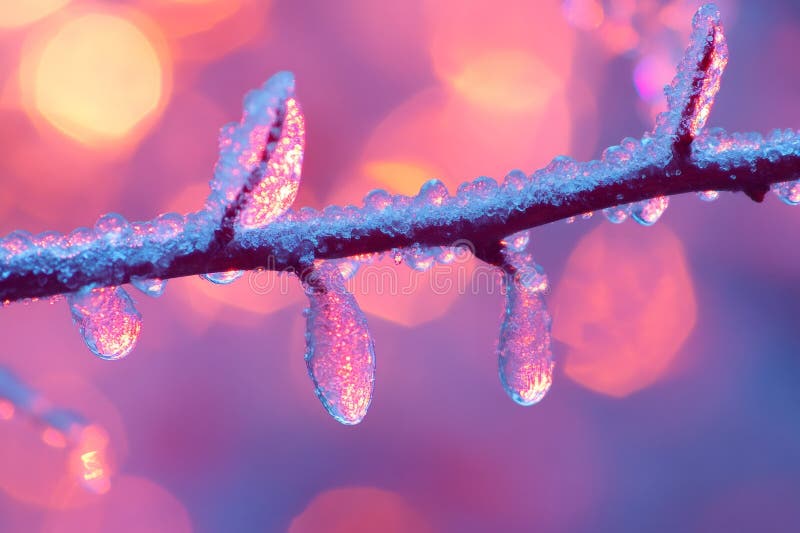 Frozen Branch with Ice Drops Reflecting Warm Light in a Winter ...