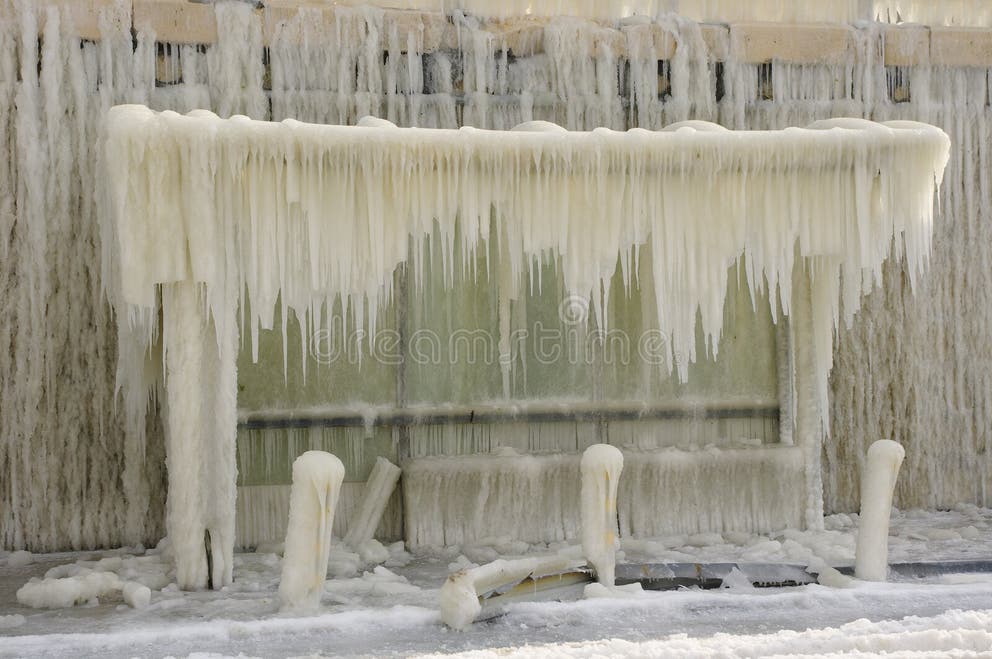 Frozen Breakwater and Bus Stop after Winter Storm Stock Image - Image ...