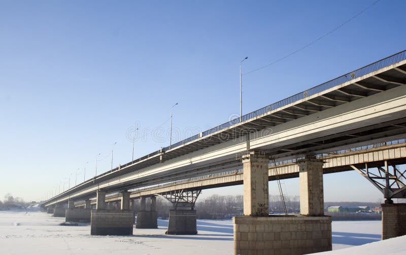 Frozen bridge above river stock photo. Image of industrial - 138337664