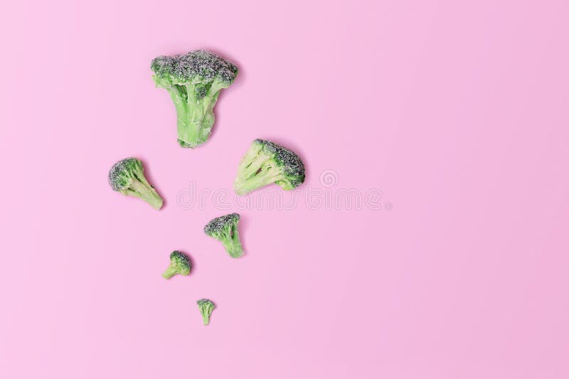 Frozen Broccoli on a Pink Background with Copy Space. Top View Stock ...