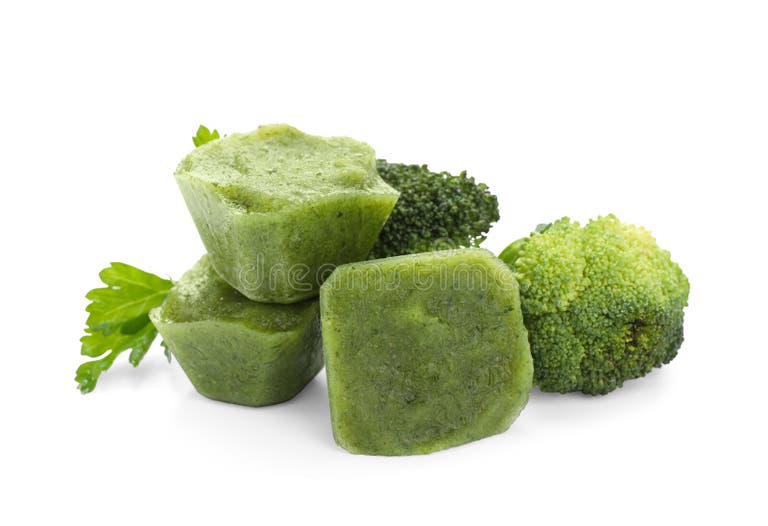 Frozen Broccoli Puree Cubes and Fresh Broccoli Isolated on White Stock ...