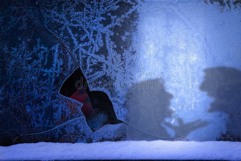 Frozen Broken Window with a Hole and Two Silhouettes Stock Photo ...