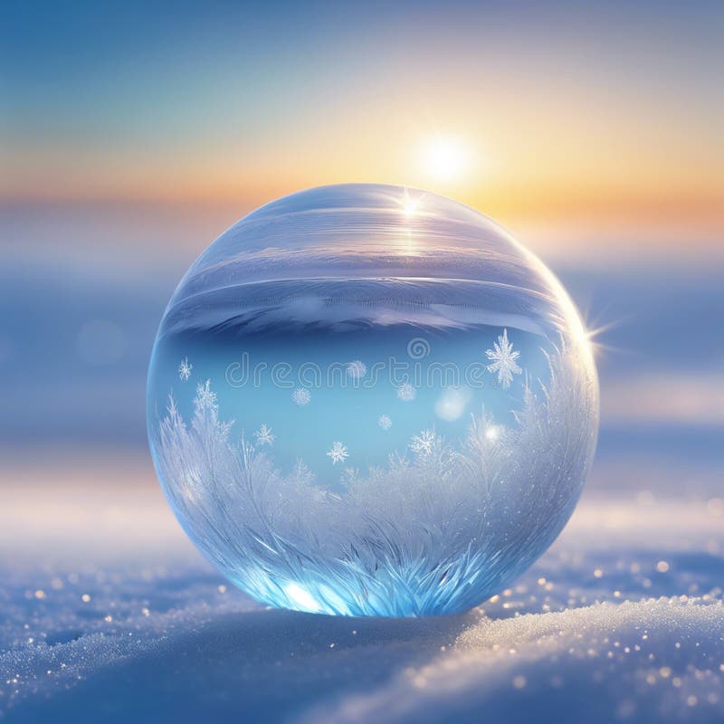 A Frozen Bubble on the Snow Under the Rays of the Sunrise. Stock Photo ...
