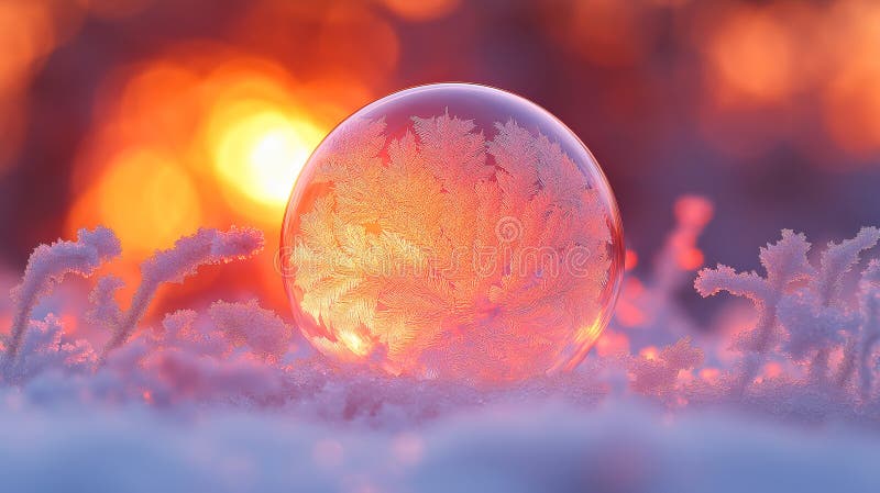 Frozen Bubble during Winter Sunrise with Frosty Leaf Patterns on Snow ...
