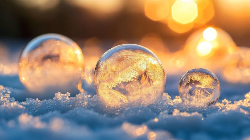 Frozen Bubbles Reflecting Golden Sunset on Snow Stock Illustration ...