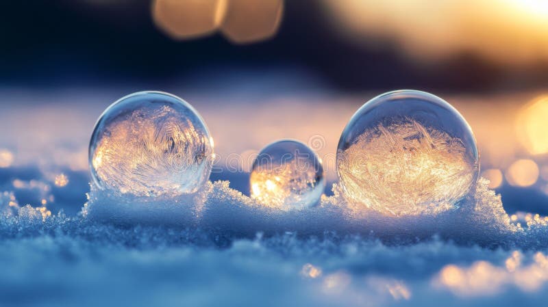 Frozen Bubbles in a Snowy Landscape at Sunset Stock Illustration ...