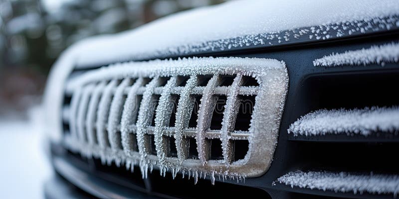 Frozen Car Grille Covered in Ice and Snow, Showcasing Winter Chill ...