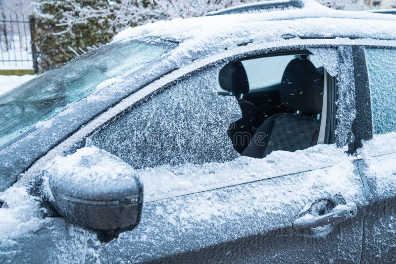 Frozen Car after Snowstorm with Broken Window Stock Photo - Image of ...
