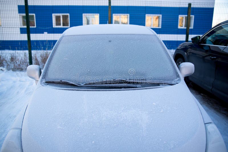 Frozen Car, Car Windshield, Glass Covered with Ice Crusts, Front View ...