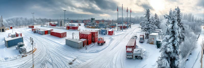Frozen Cargo Terminal Lockdown with Customs Flags during Winter in ...