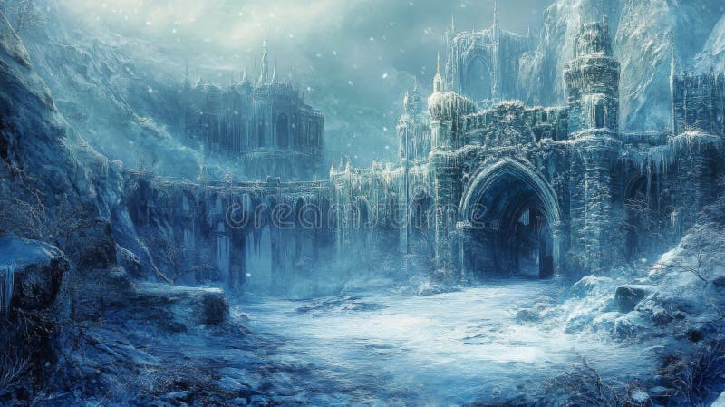 Frozen Castle Ruins in a Snowy Mountain Landscape Stock Illustration ...