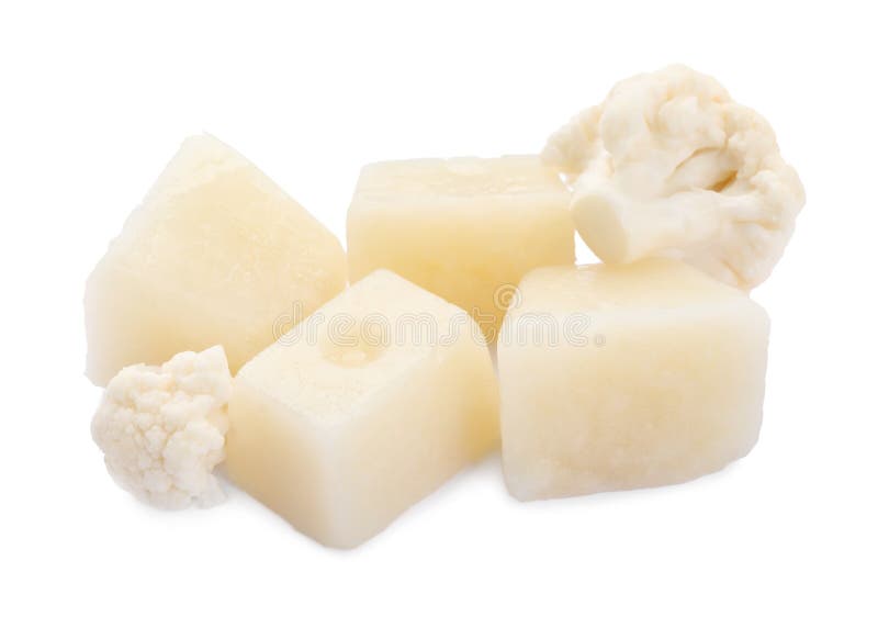Frozen Cauliflower Puree Cubes and Fresh Cauliflower Isolated on White ...