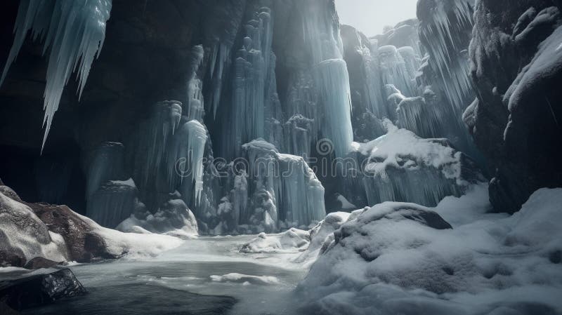 A Frozen Cave with Ice Formations and a Stream Running through it Stock ...