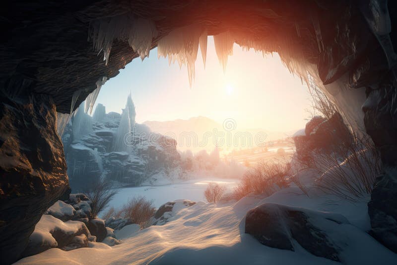 Frozen Cavern, with View of the Night Sky and Stars Visible Overhead ...