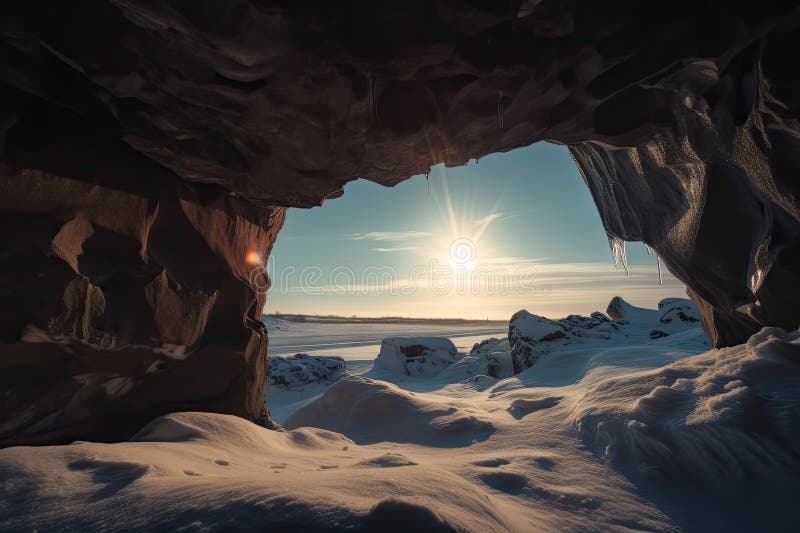 Frozen Cavern, with Distant View of the Sun Rising Over the Horizon ...
