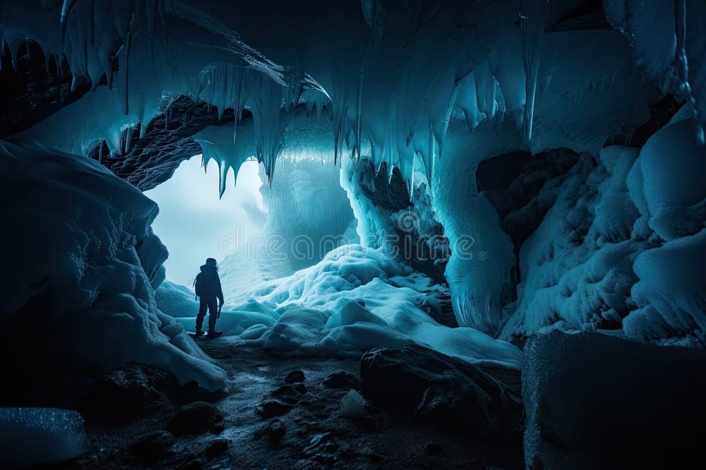 Frozen Cavern, with Eerie Blue Light and Mist, Creating Otherworldly ...