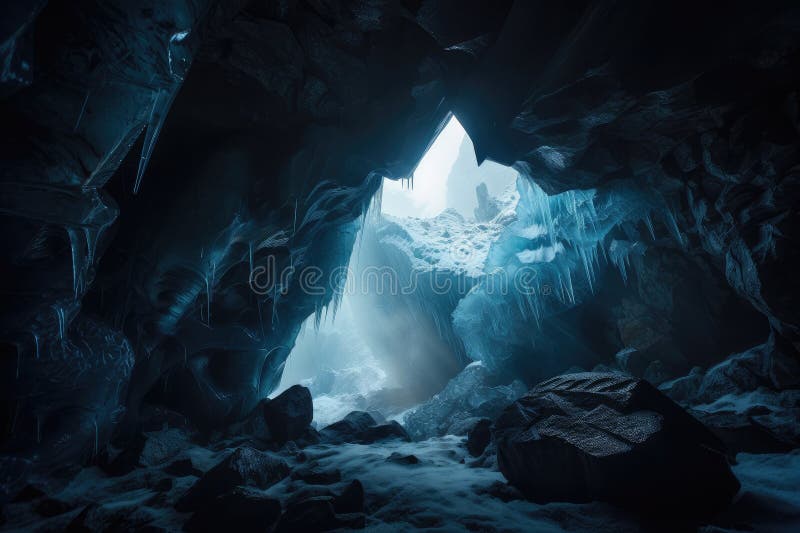 Frozen Cavern, with Eerie Blue Light and Mist, Creating Otherworldly ...