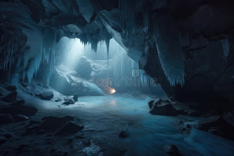 Frozen Cavern, with Eerie Blue Light and Mist, Creating Otherworldly ...