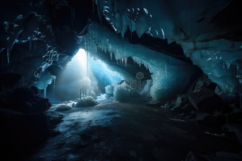 Frozen Cavern, with Eerie Blue Light and Mist, Creating Otherworldly ...
