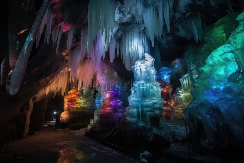 Frozen Cavern, with Rainbow of Lights Filtering through the Crystals ...