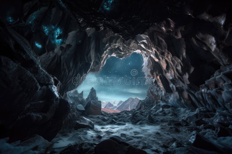 Frozen Cavern, with View of the Night Sky and Stars Visible Overhead ...
