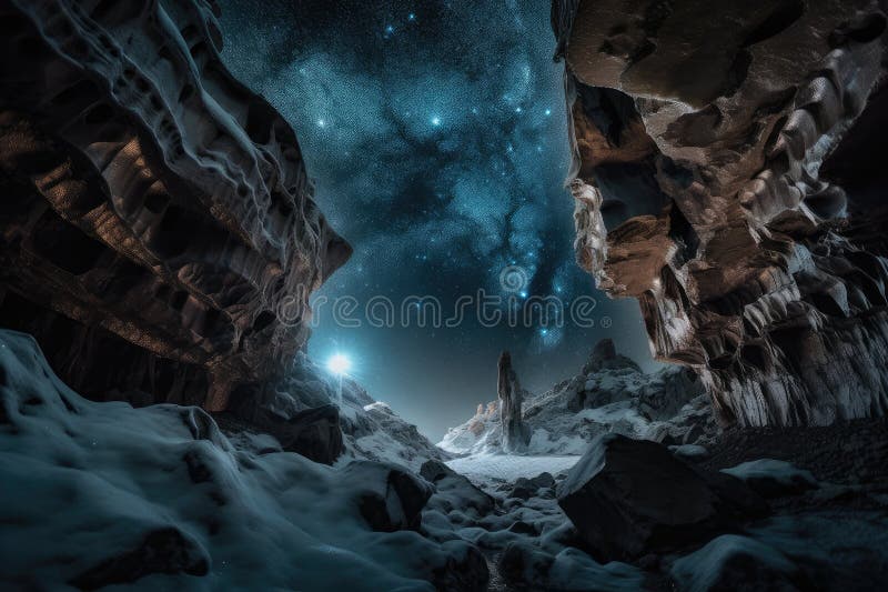 Frozen Cavern, with View of the Night Sky and Stars Visible Above Stock ...
