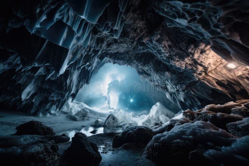 Frozen Cavern, with View of the Night Sky and Stars Visible through ...