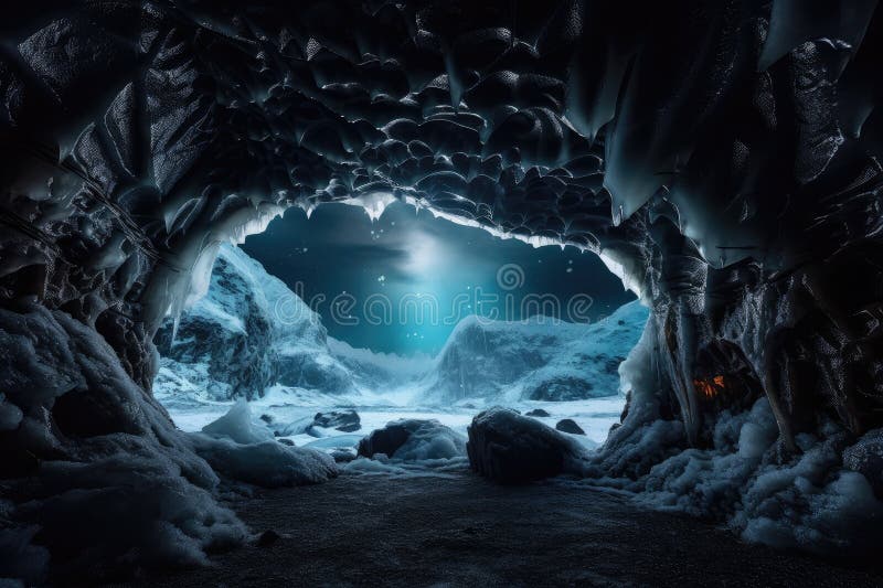 Frozen Cavern, with View of the Night Sky and Stars Visible through ...