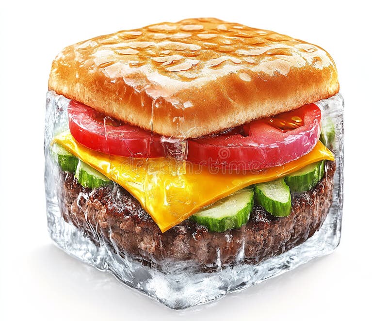 Frozen Cheeseburger Encased in Ice Cube Stock Image - Image of crispy ...
