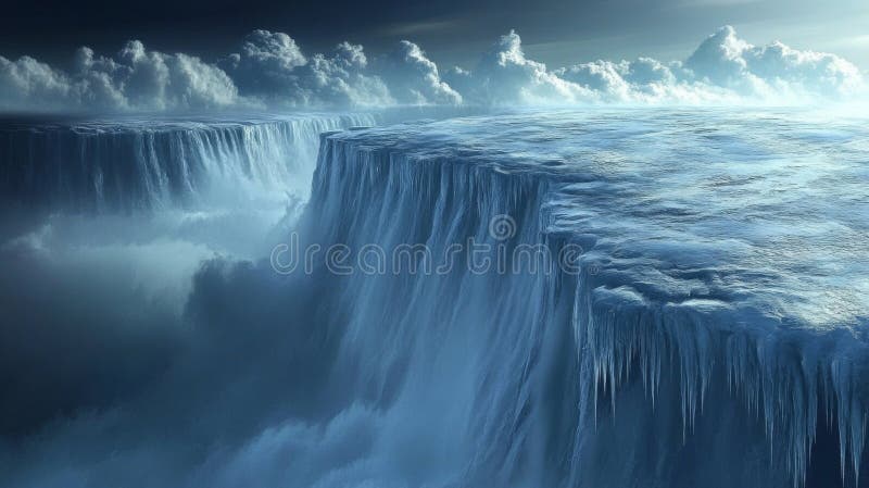 A Frozen Cliff with Icicles Hanging Over a Misty Abyss Stock ...