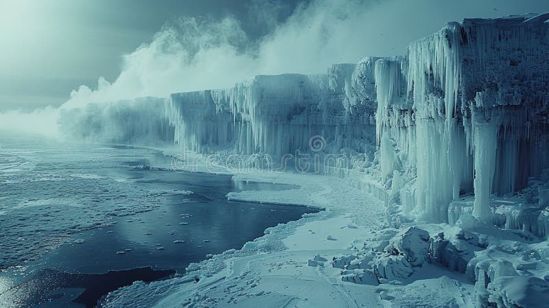 Frozen Cliffs with Icicles and Mist in Winter Stock Photo - Image of ...