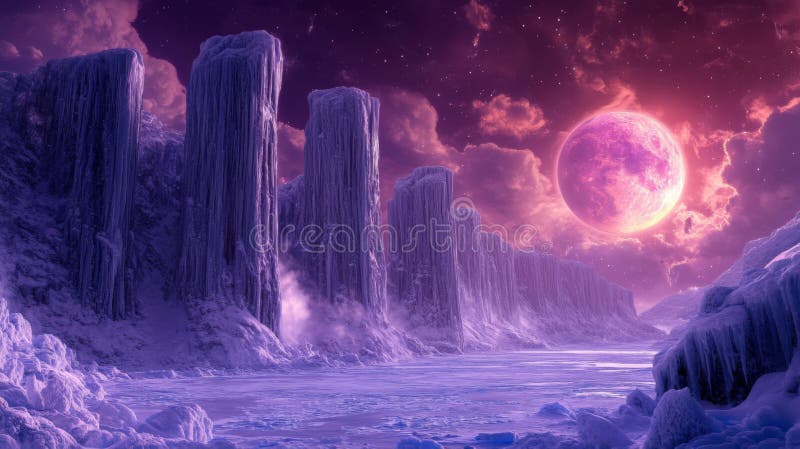 Frozen Cliffs Underneath a Pink Alien Moon Stock Illustration ...