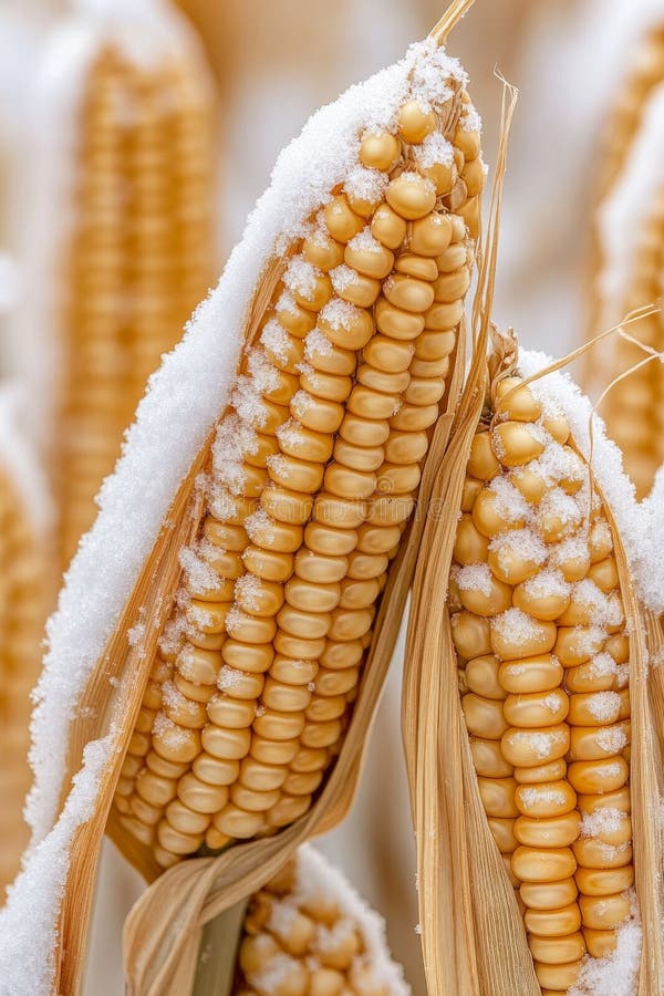 Frozen Corn Ears Dusted with Snow Create a Striking Contrast in Rural ...