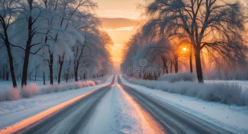 Frozen Countryside Road Leading Sunset Stock Photos - Free & Royalty ...