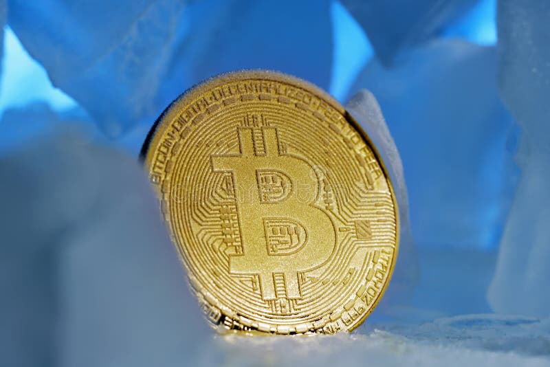 Frozen Crypto Currency Bitcoin Face Obverse Stands Surrounded by Blue ...