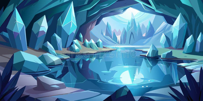 Frozen Crystal Cave with Reflective Ice Lake Stock Vector ...