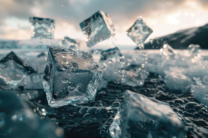 Frozen Cubes Floating on the Surface of Water, Suitable for Use in ...