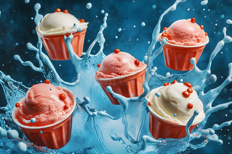 Frozen Delights: Ice Cream Cups Splashing in Blue Stock Illustration ...