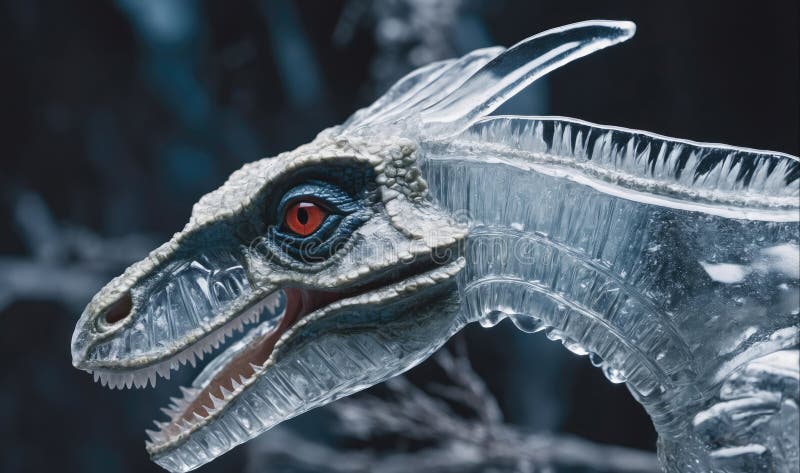 A Close-up of a Frozen Dinosaur Head with Red Eyes Stock Image - Image ...