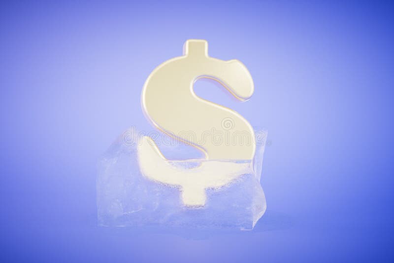 Golden Dollar Sign Frozen Inside Ice Block on Dark Blue Background. Ai ...