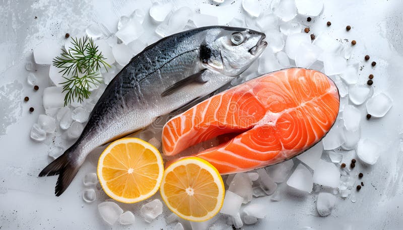 Frozen Dorado Fish and Salmon on Ice with Lemon Slice Stock Image ...