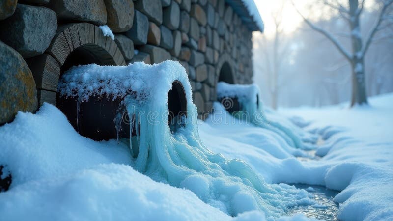 Frozen Drainage System in a Winter Landscape Icy Water Flowing from ...