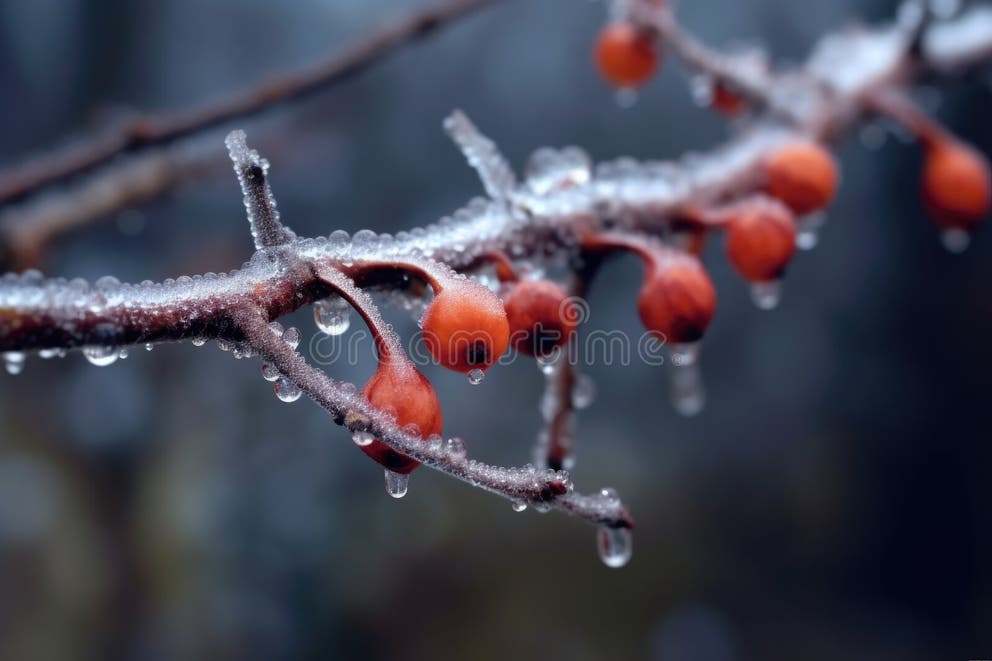Frozen Droplets on a Tree Branch Stock Illustration - Illustration of ...